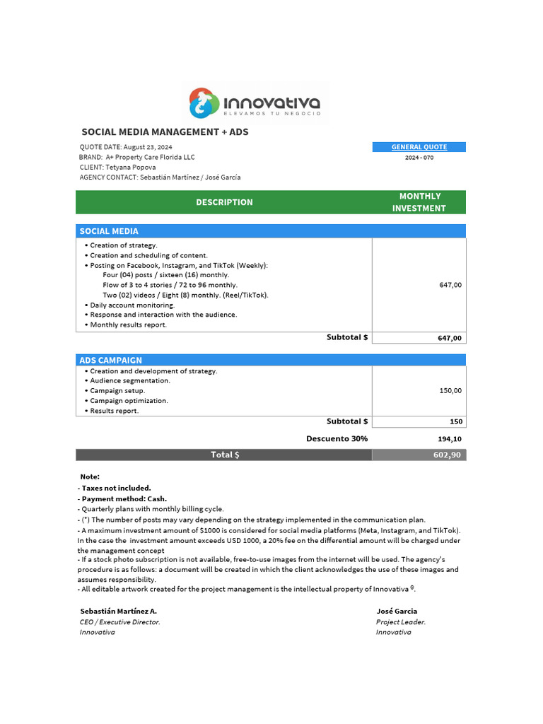 Ppto. 2024 - 070 - Social Media Management + Ads - A+Maids - Innovativa | PDF | Social Media ...