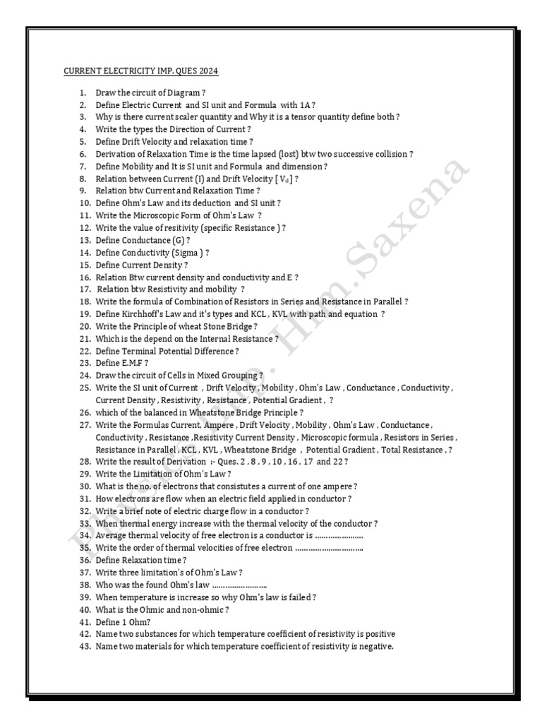 UNIT -- 2 CURRENT ELECTRICITY H.Saxena Question | PDF | Electrical Resistivity And Conductivity ...