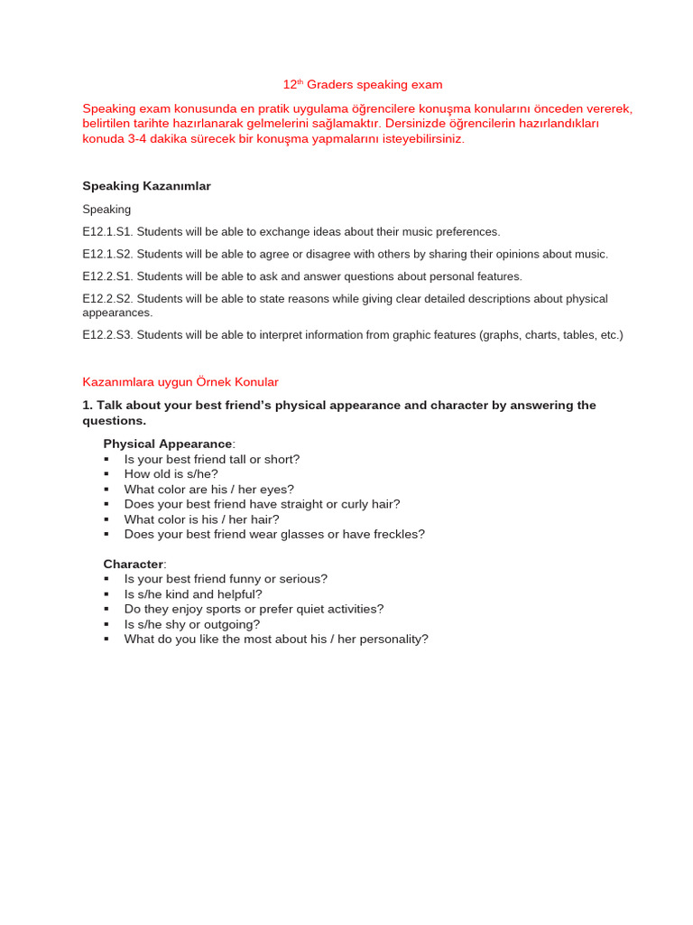 12th Grade Speaking Exam Guidelines | PDF