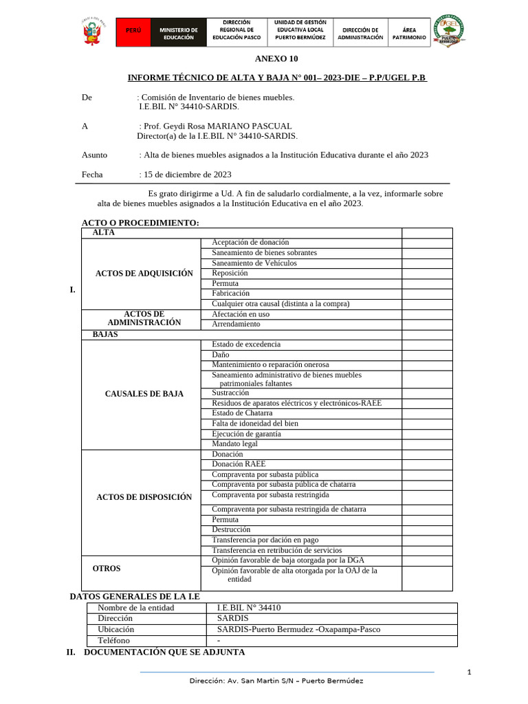 Informe Tecnico #001 de Alta y Baja 2023 Sardis | PDF | Regulación | Estado (política)