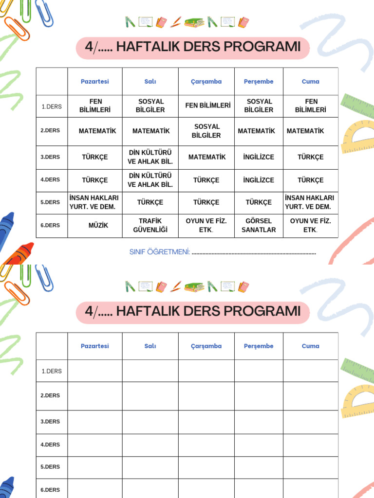 4 Sinif Haftalik Ders Programi | PDF