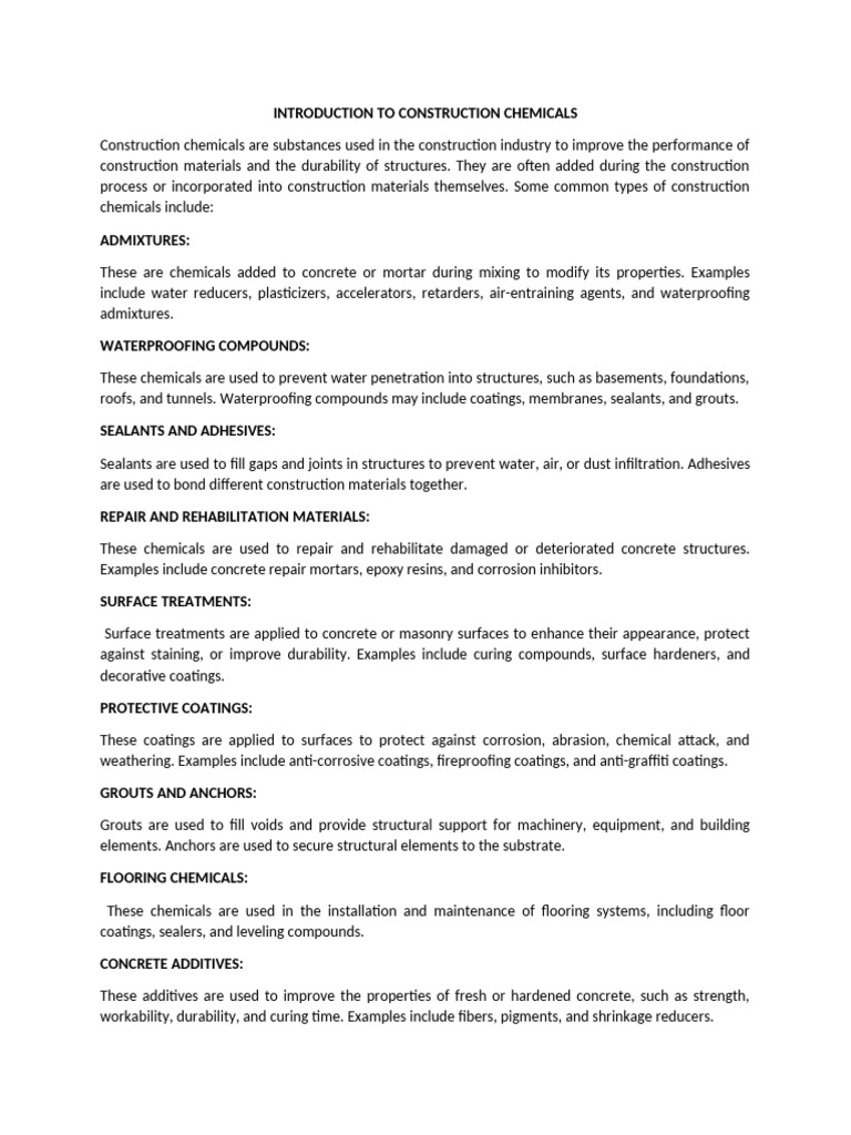Construction Chemicals Overview | PDF | Concrete | Coating