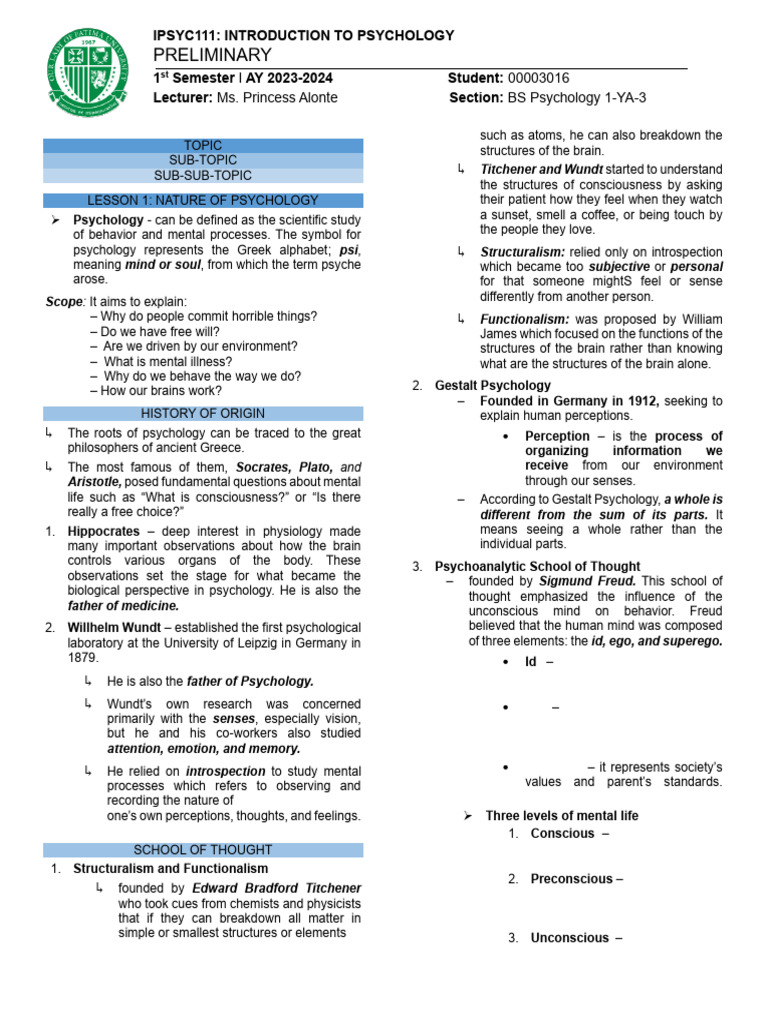 PRELIM_INTRO_TO_PSYCH-1 | PDF | Sleep | Senses