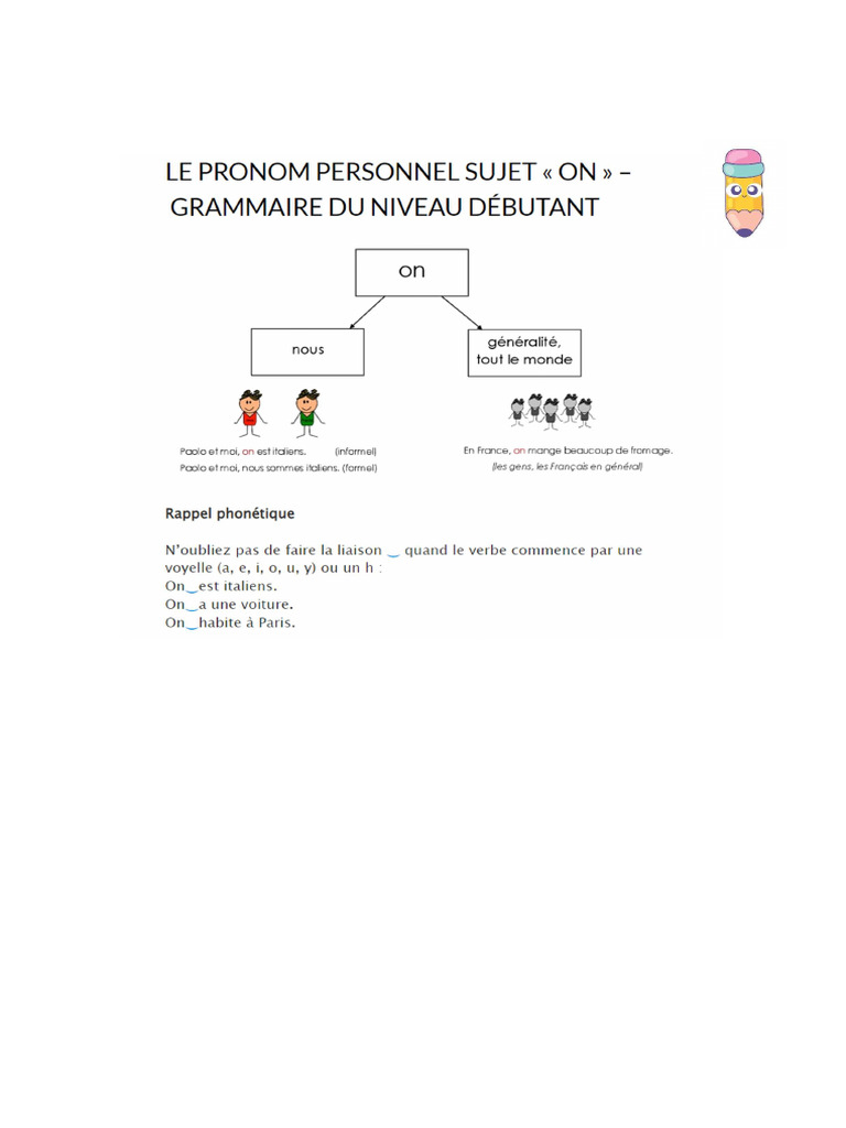 Le Pronom Personnel Sujet On | PDF