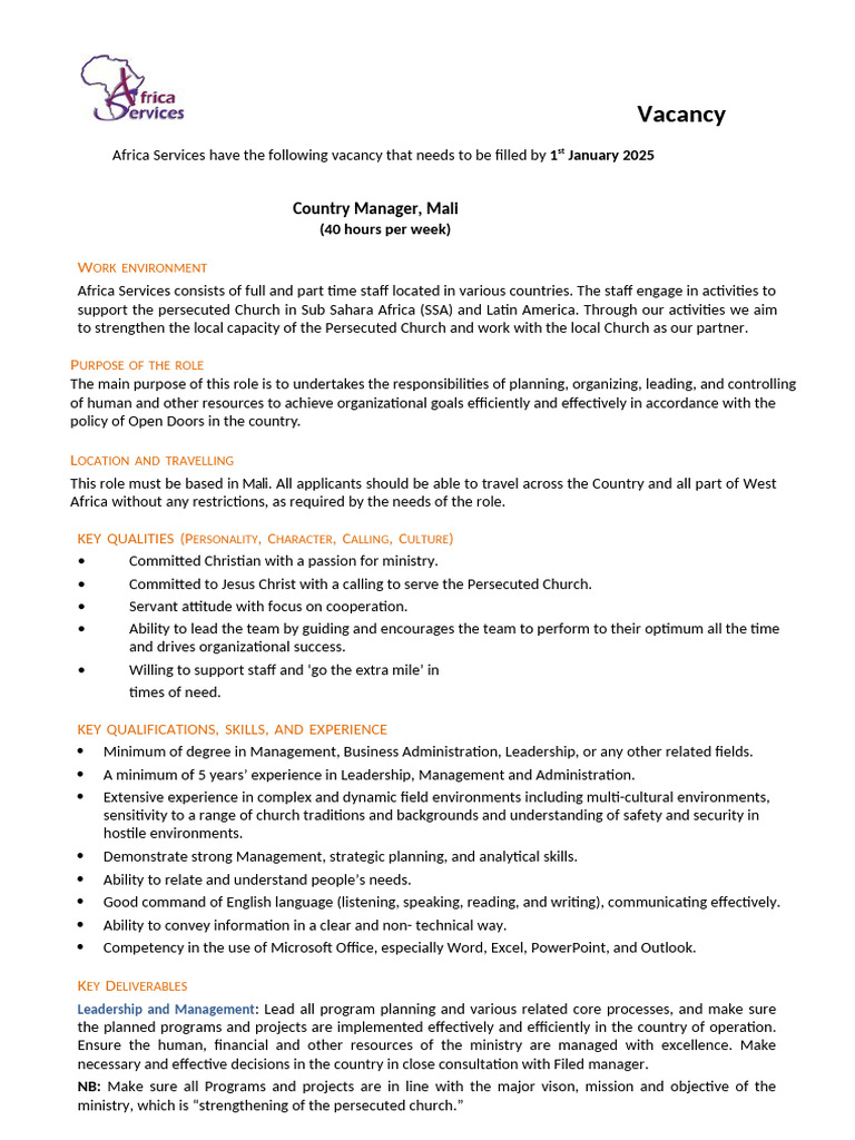 Country Manager Mali - Advert | PDF | Leadership | Communication