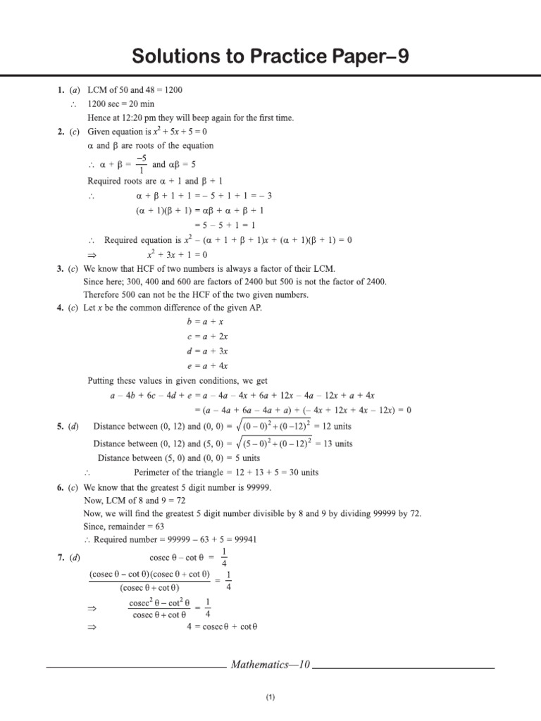 Cbse Cl10 Together With Mathematics Standard Solutions to Practice ...