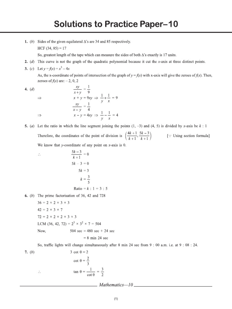 Cbse Cl10 Together With Mathematics Standard Solutions To Practice Paper 10 | PDF