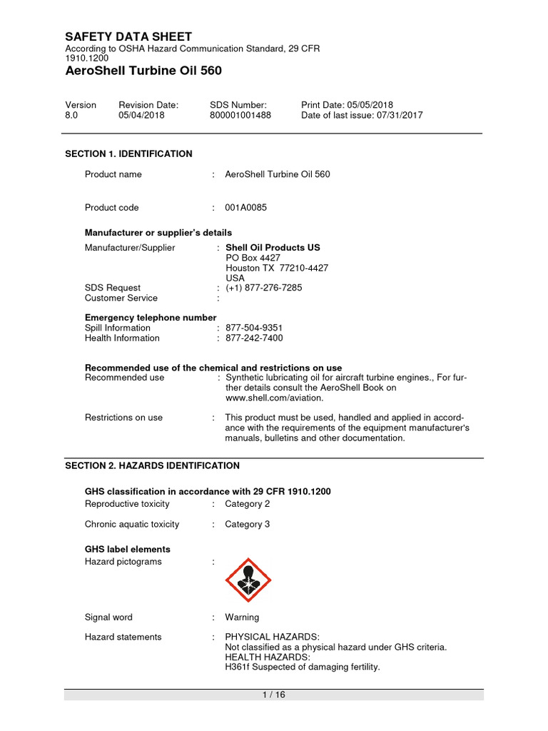 AeroShell-Turbine-Oil-560-MSDS | PDF | Personal Protective Equipment | Dangerous Goods