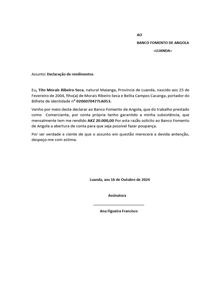 Declaração de Rendimentos para Abertura de Conta | PDF