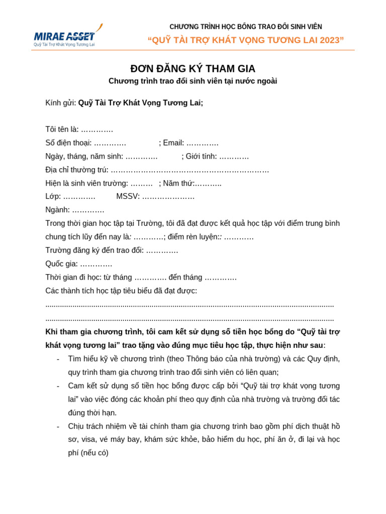 Form Dang Ky Hoc Bong Trao Doi Sinh Vien 2023 | PDF