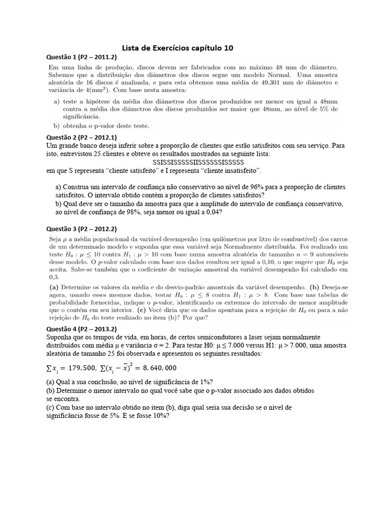 Lista de Exercícios Capítulo 10 + Gabarito-1 | PDF