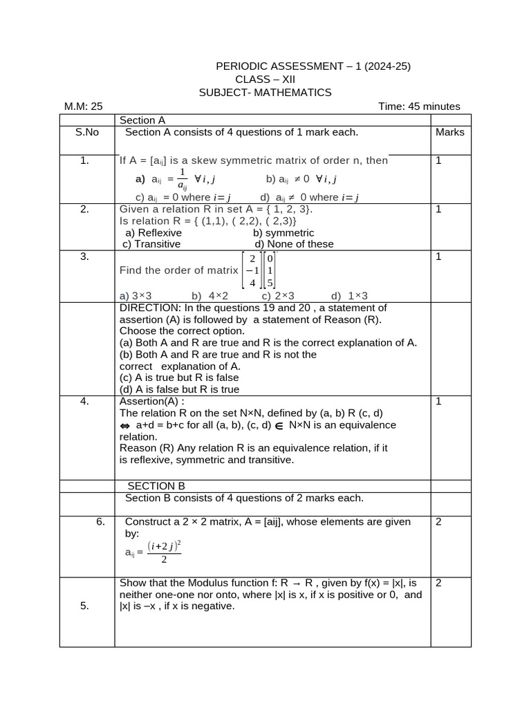 Periodic Assessment 1 Class Xii Maths (1) | PDF | Algebra | Mathematical Objects