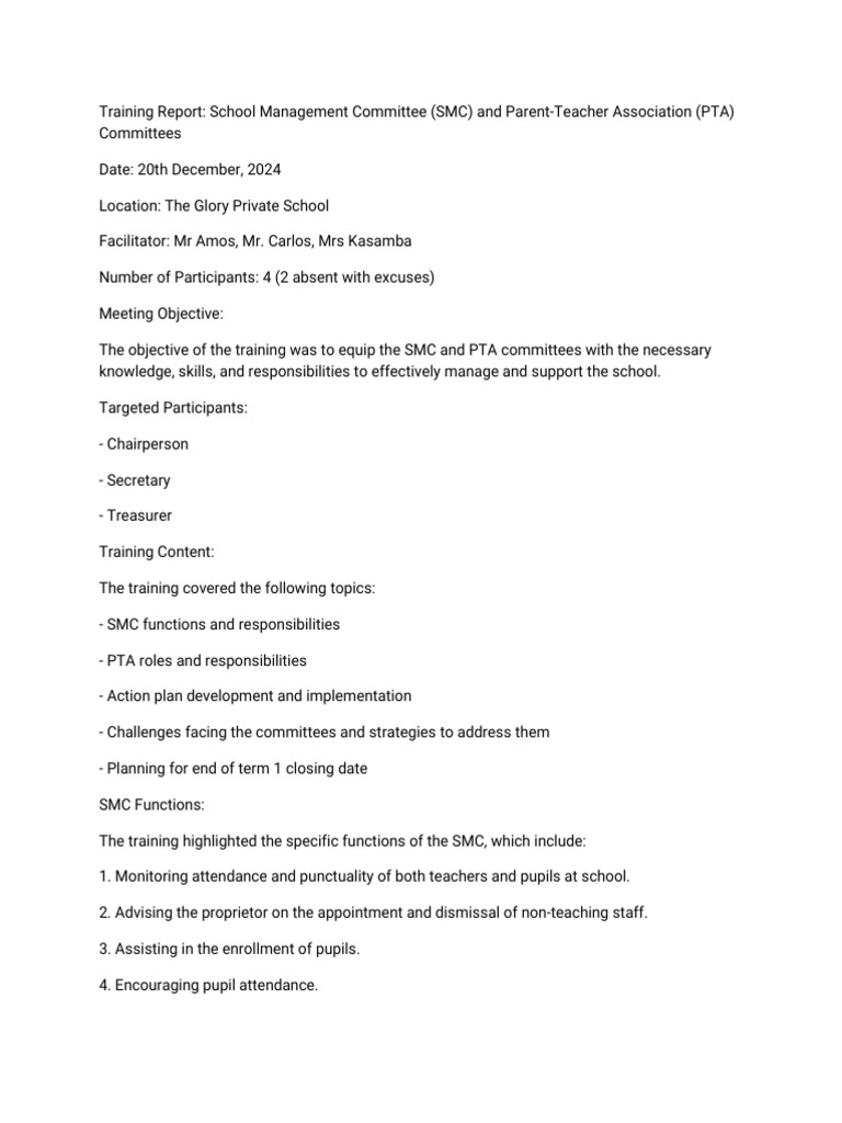 PTA and SMC Training Report | PDF