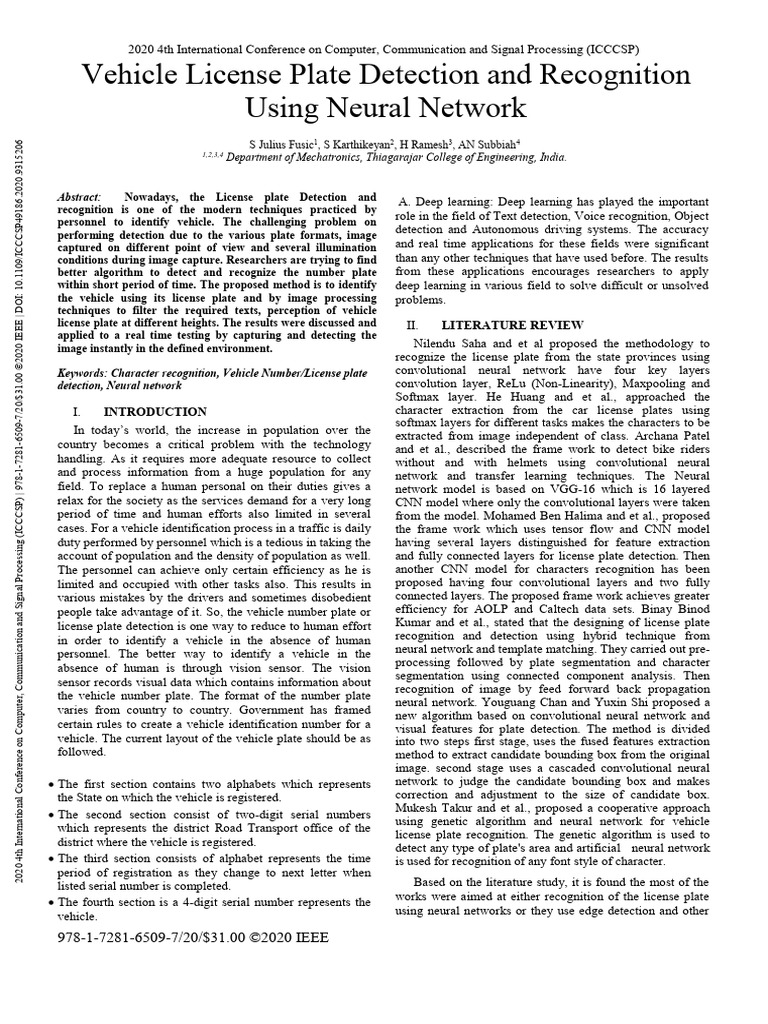 Vehicle License Plate Detection And Recognition Using Neural Network