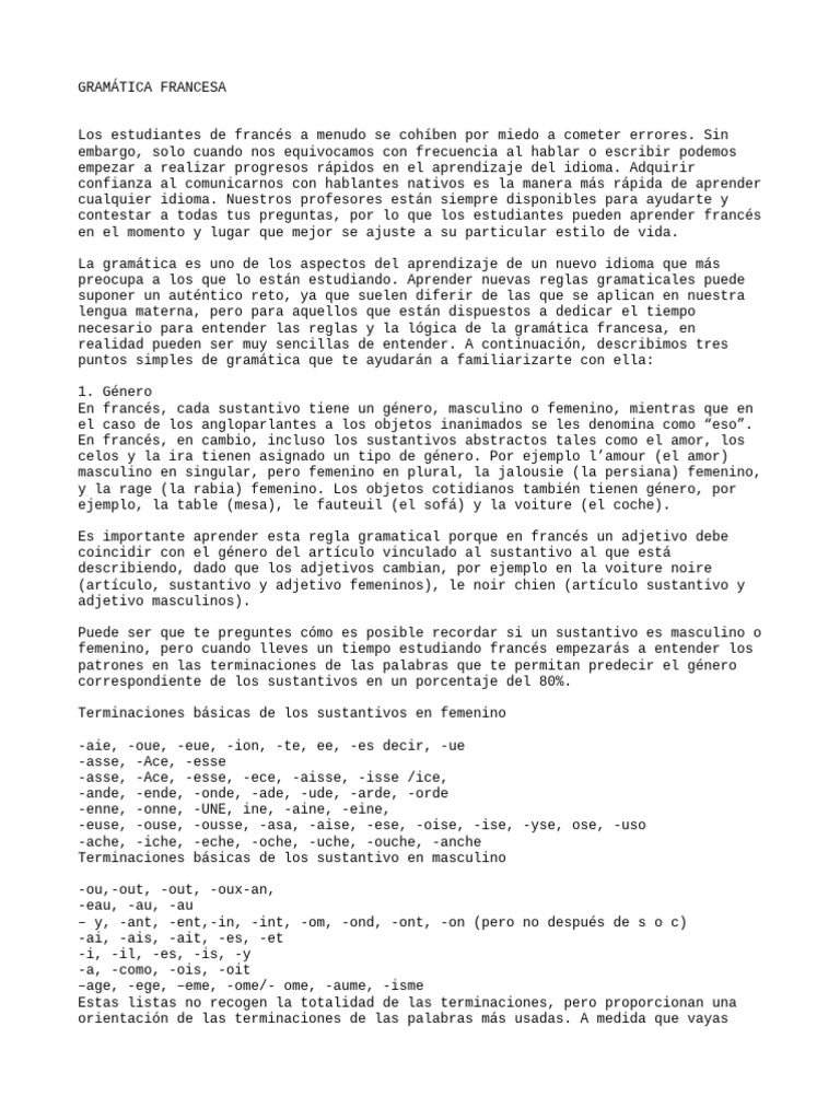 Reglas Básicas de Gramática Francesa | PDF | Género gramatical | Verbo