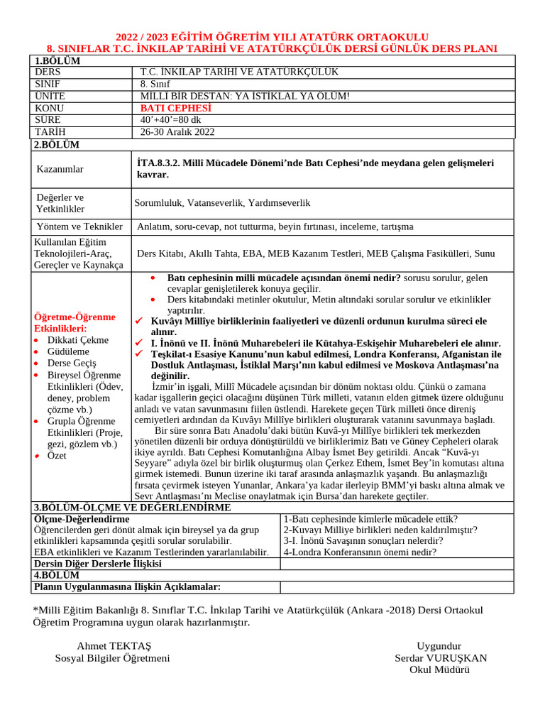8 SNF Ink Tar Dersdestek Yay Gun Plan 2022 2023 15 Hafta | PDF