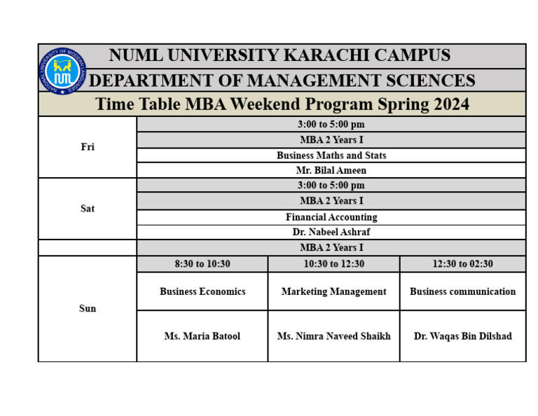 MS Time Table Spring-2024 For Ramzan - XLSX - MBA Weekend | PDF