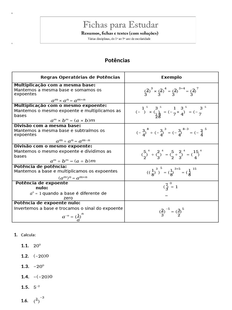Regras de Potências e Exemplos | PDF | Exponenciação | Objetos matemáticos