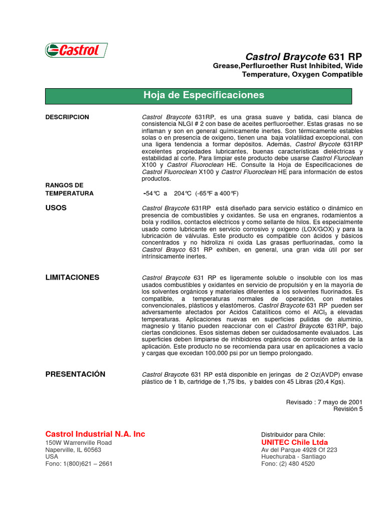 Grasa Castrol Braycote 631 RP: Especificaciones y Usos | PDF ...