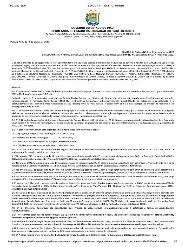 Portaria #08 Matriz Ens Medio Regular Diurno e Noturno | PDF
