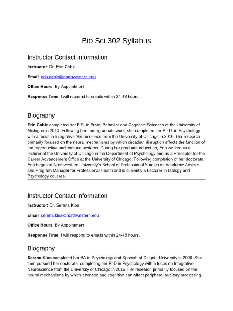 Bio Sci 302 Fall 2024 Syllabus | PDF | Neuroscience | Turnitin