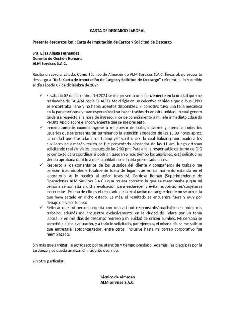 CARTA DE DESCARGO LABORAL | PDF