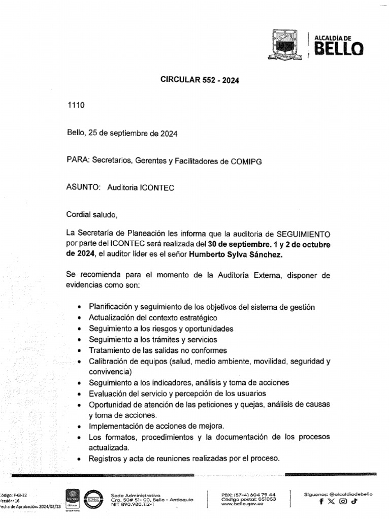 Circular 552-2024 Auditoria ICONTEC | PDF