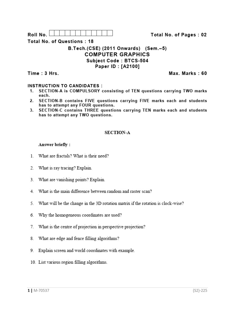 B.Tech CSE Sem 5: Computer Graphics Exam | PDF | Matrix (Mathematics ...