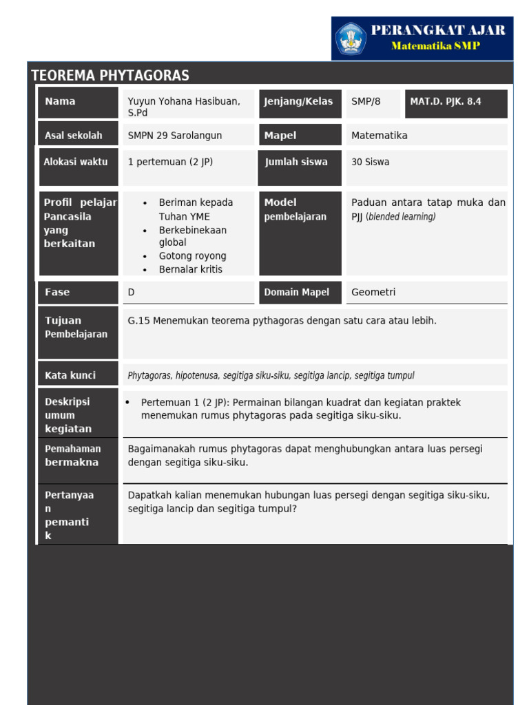 Yuyun RPP Teorema Phythagoras | PDF