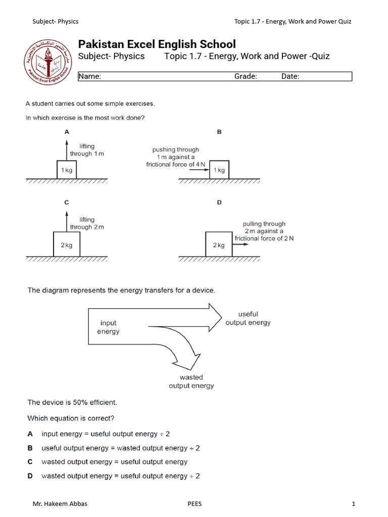 Topic 1.7 - Energy, Work and Power quiz (2) | PDF | Kinetic Energy ...