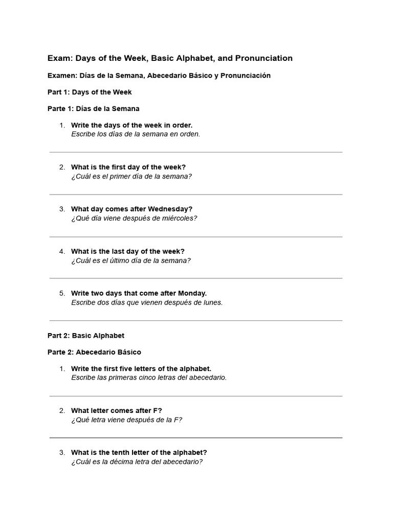 Exam - Days of The Week, Basic Alphabet, and Pronunciation | PDF