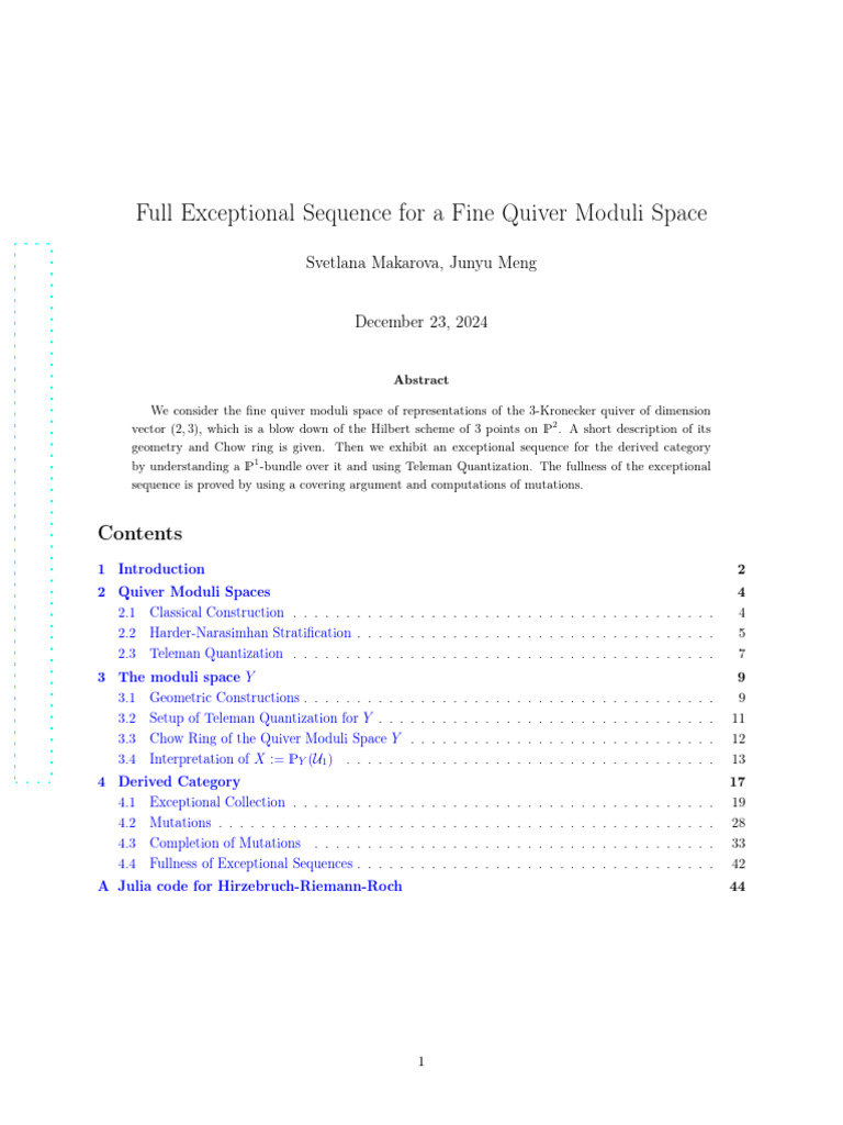 Full Exceptional Sequence for a Fine Quiver Moduli Space | PDF | Representation Theory | Vector ...