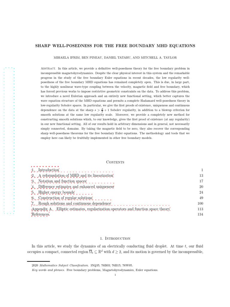 Sharp Well-Posedness For The Free Boundary MHD Equations | PDF | Magnetohydrodynamics ...