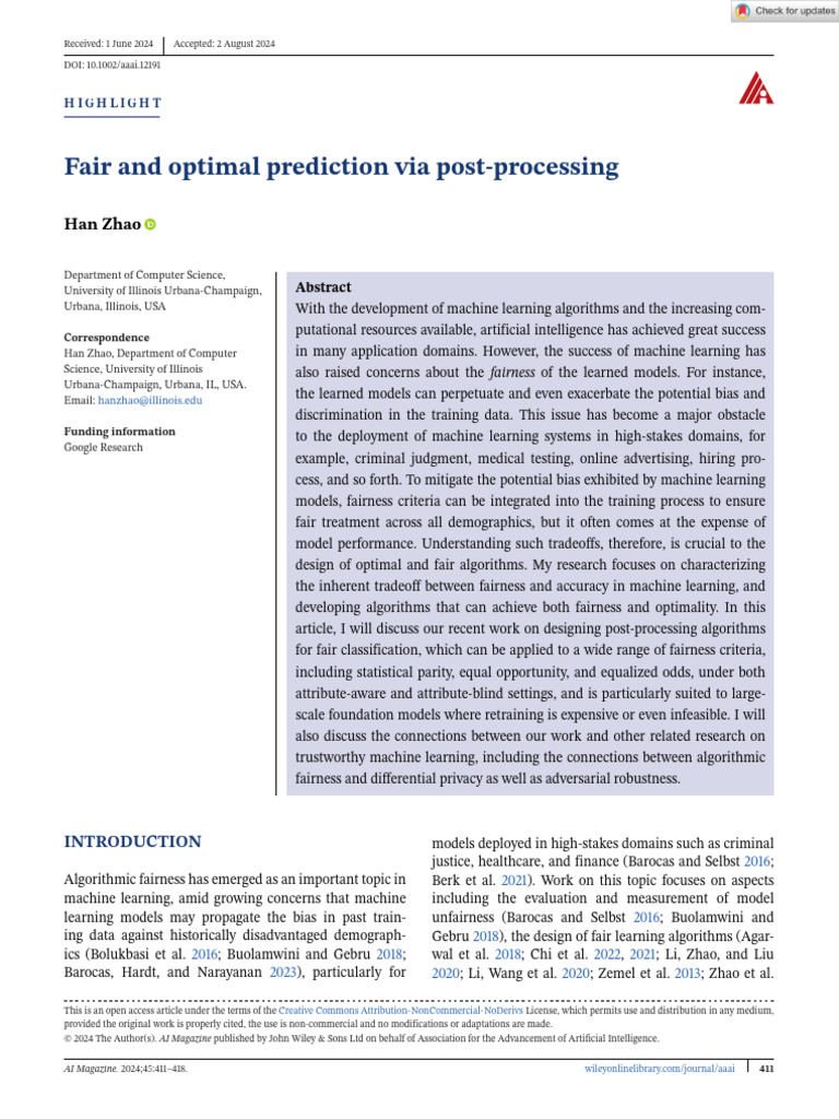 AI Magazine - 2024 - 8 Zhao - Fair and Optimal Prediction Via Post Processing | PDF ...