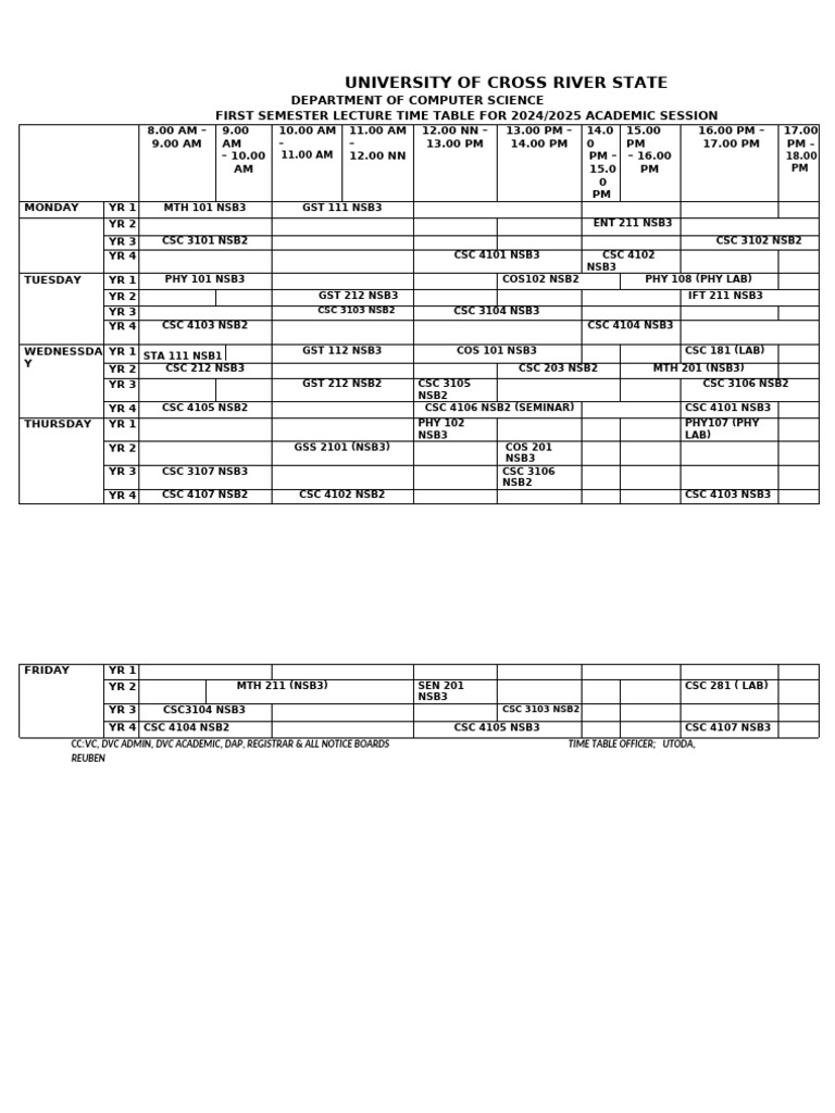 First Semester Lecture Time Table For Dept of Computer Science 2024 ...