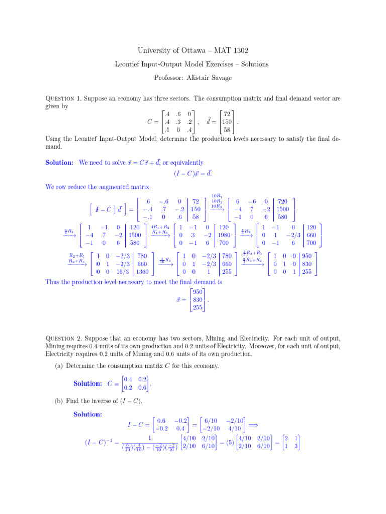 Mat1302 Input Output Model Exercises Solutions | PDF | Input–Output Model | Linear Algebra