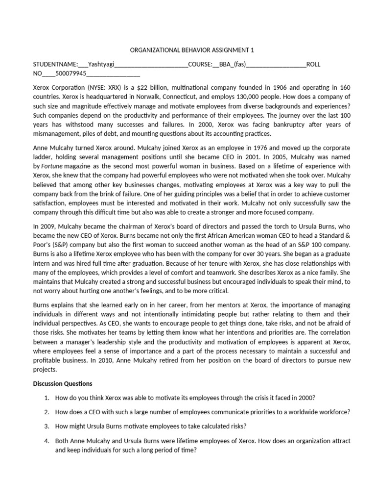 CASE ASSIGNMENT 1 Ob 500079945 | PDF | Employment | Motivation