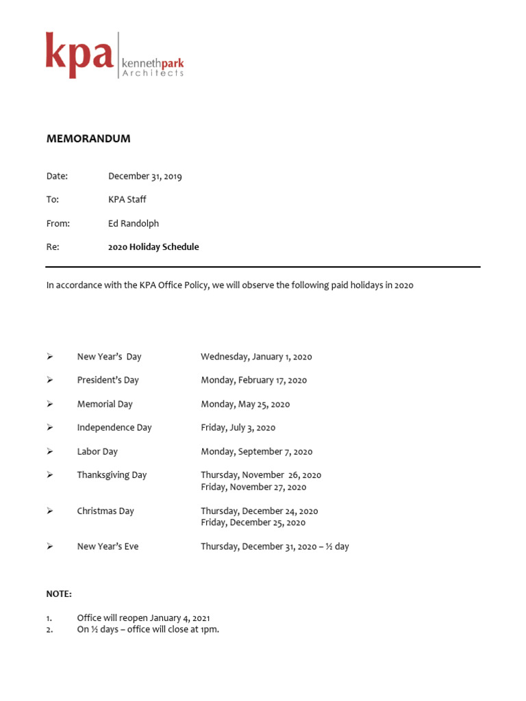 2020 KPA Holiday Schedule | PDF