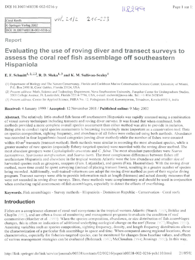 Evaluating The Use of Roving Diver Surveys | PDF | Fish