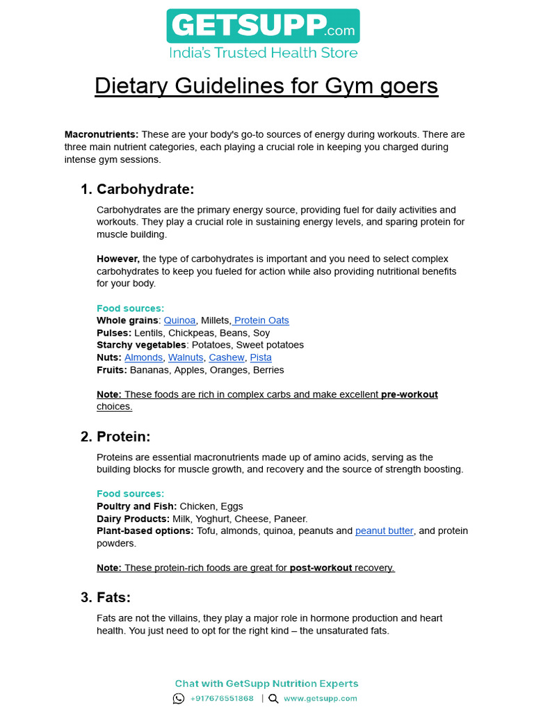 Dietary Guidelines For Gym Goers by GetSupp | PDF | Fat | Foods