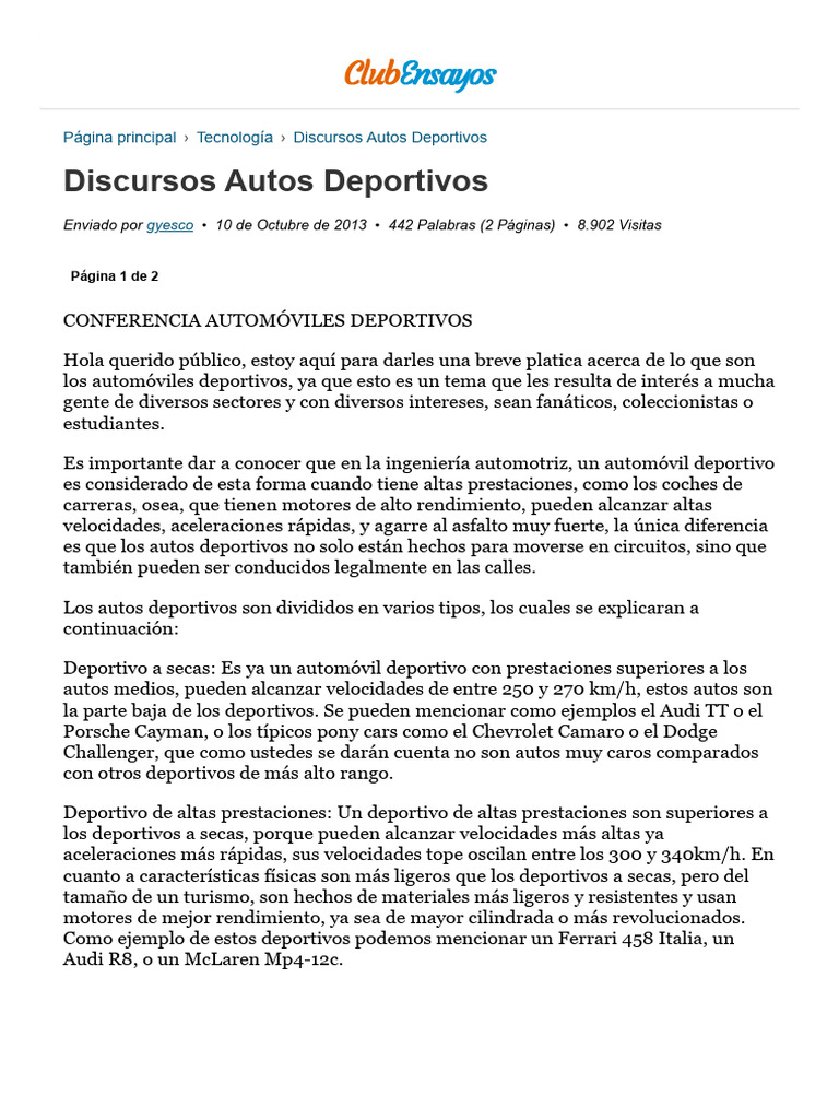 Discursos Autos Deportivos - Documentos de Investigación - Gyesco | PDF | Coche | Carros deportivos