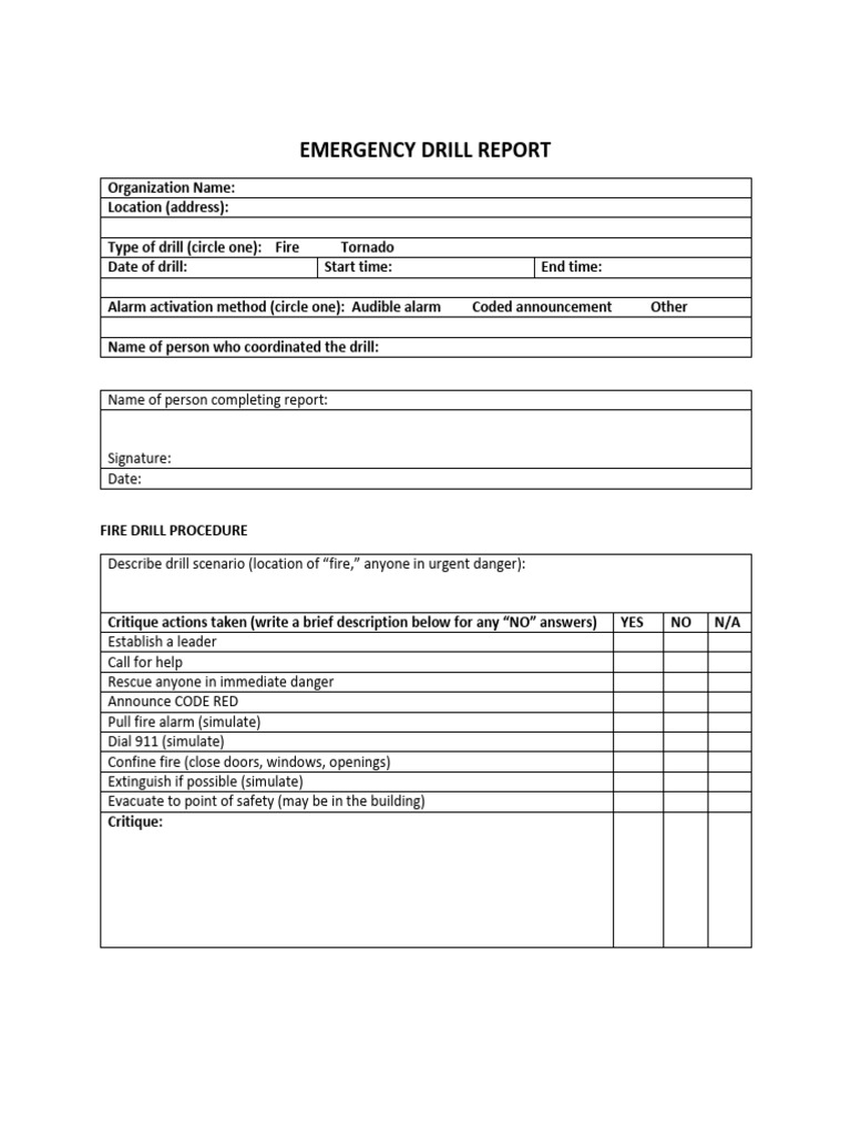 H14 Emergency Drill Report Template | PDF | Tornadoes | Severe Weather ...