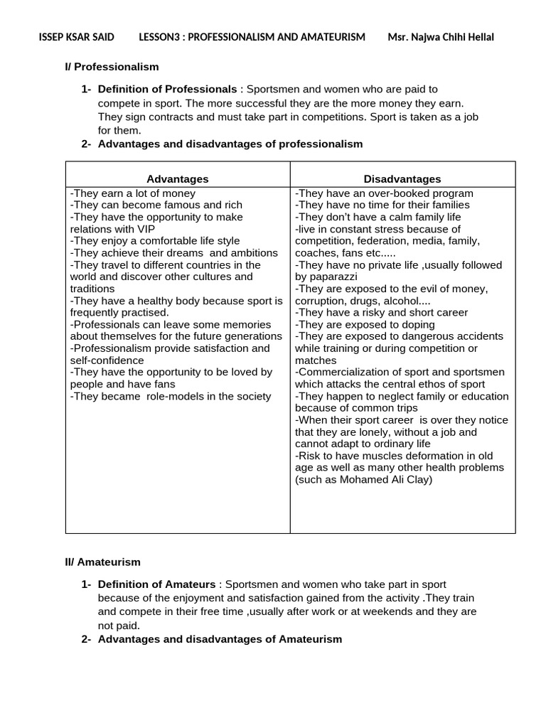 Lesson 3 Professionalism & Amateurism | PDF | Sports