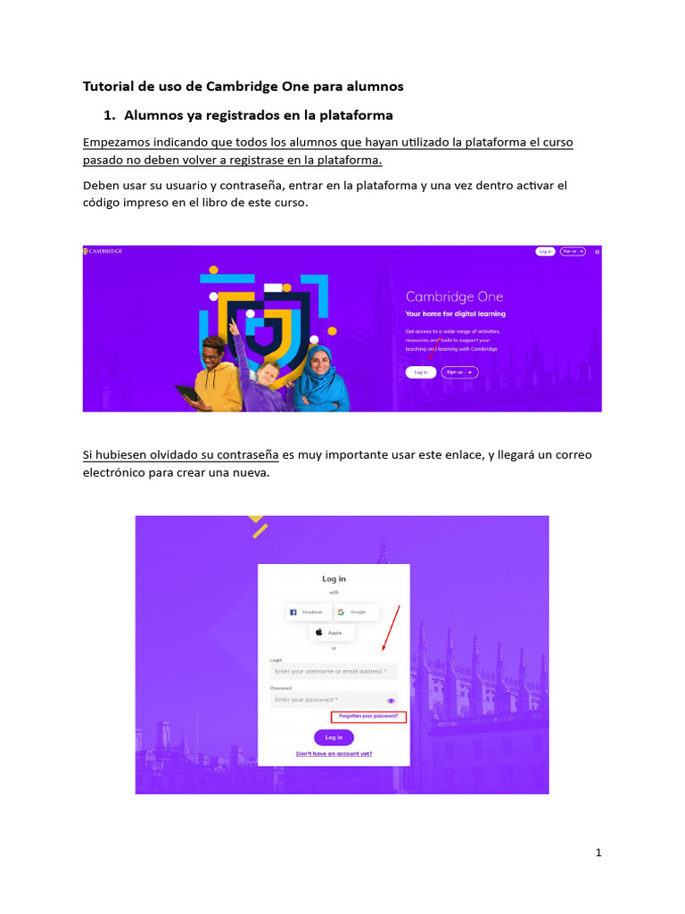 Tutorial Cambridge One Alumno | PDF | Contraseña | Facebook
