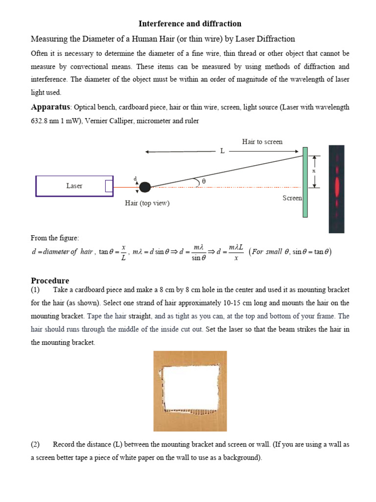 Lab4 - Measuring The Diameter of A Human Hair by Laser Diffraction | PDF | Laser | Diffraction