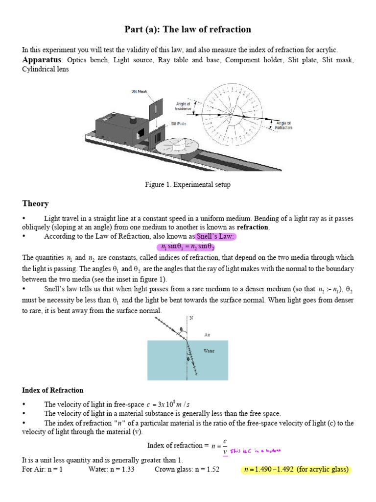 Lab2 - Laws of Refraction, Determination of The Value of Refractive ...