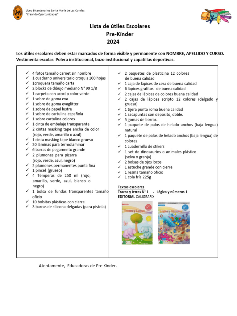 Útiles Escolares Pre-Kínder 2024 | PDF | Lápiz | Materiales de ...