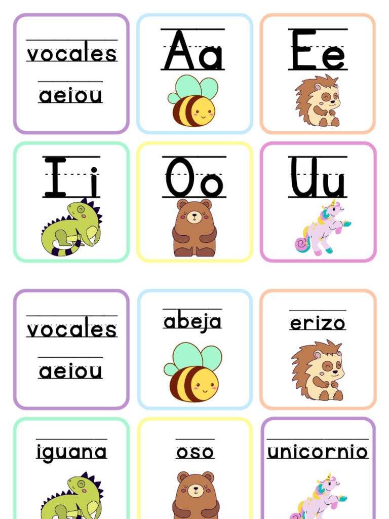 Tarjetas de Estudio Vocales Ilustrativo Colorido PDF | PDF