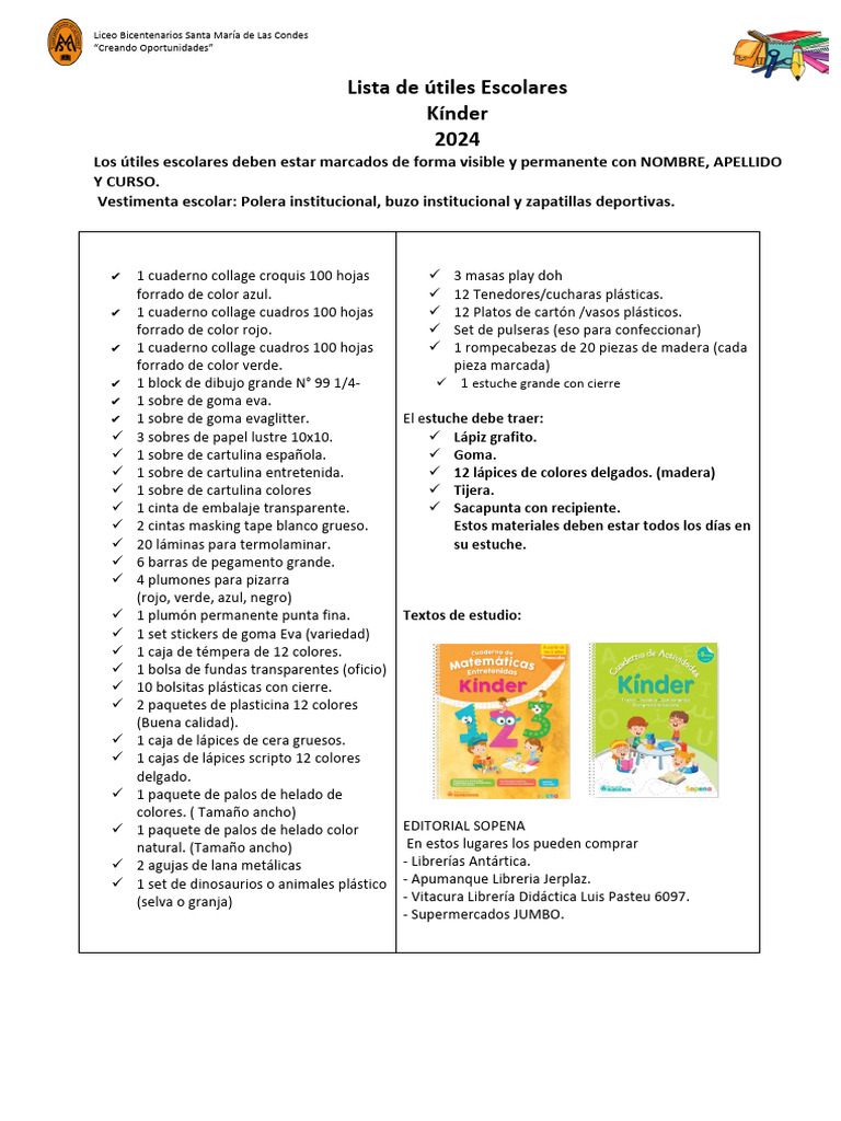 Lista de Útiles Kinder 2024 | PDF | Materiales de Conservación y ...