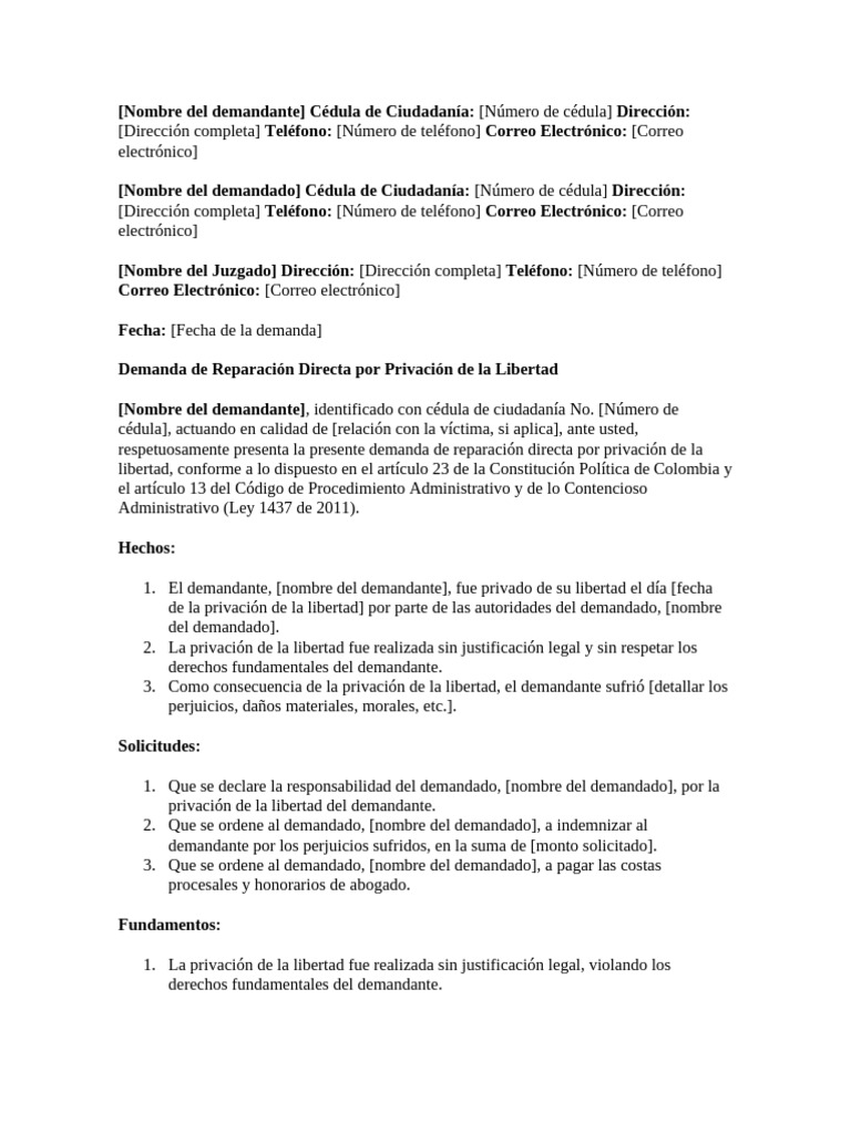 Modelo Básico de Demanda Administrativa Reparación Directa Privación de ...